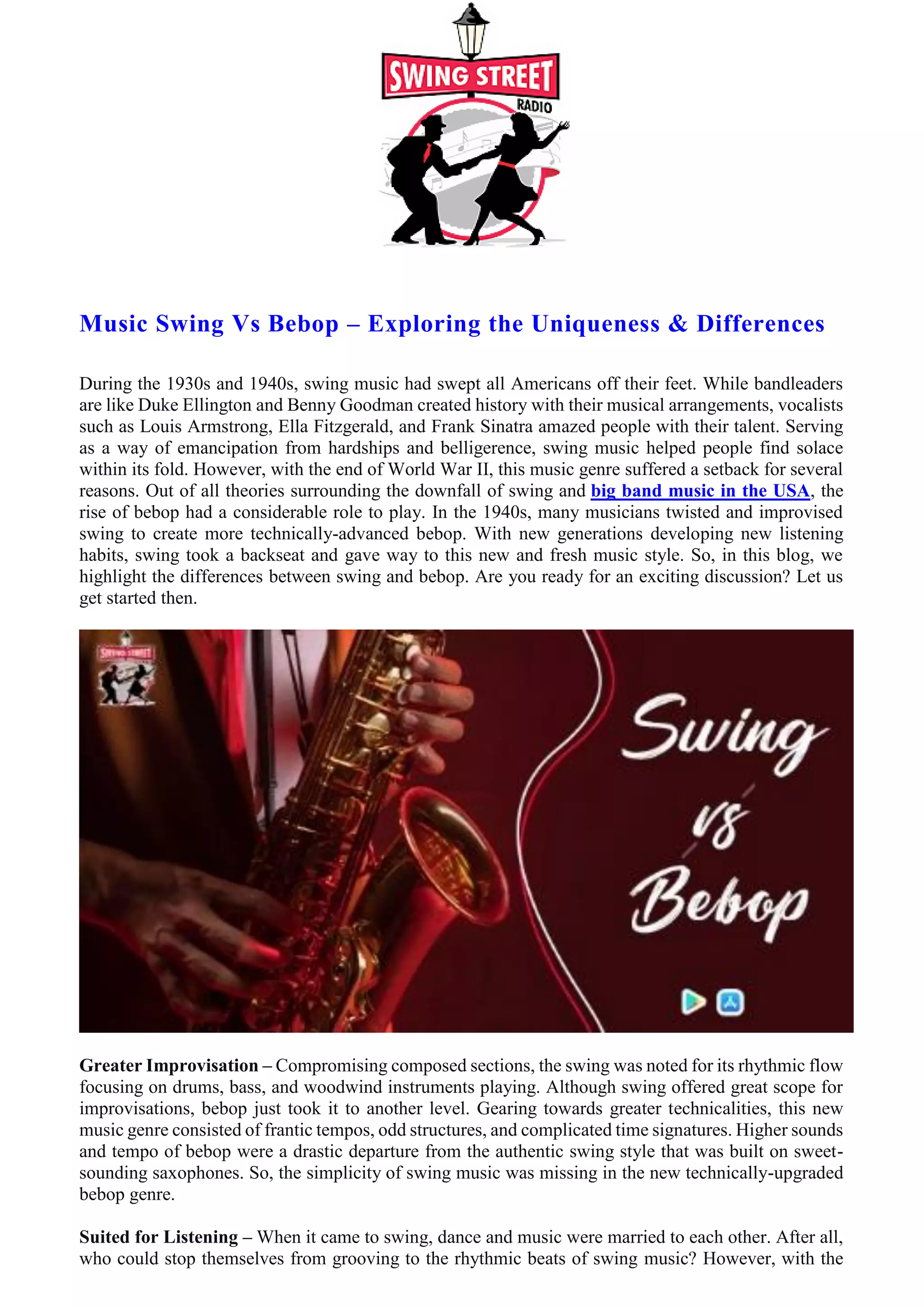 Swing bebop exploring the uniqueness and differences | PDF | Jazz | Music