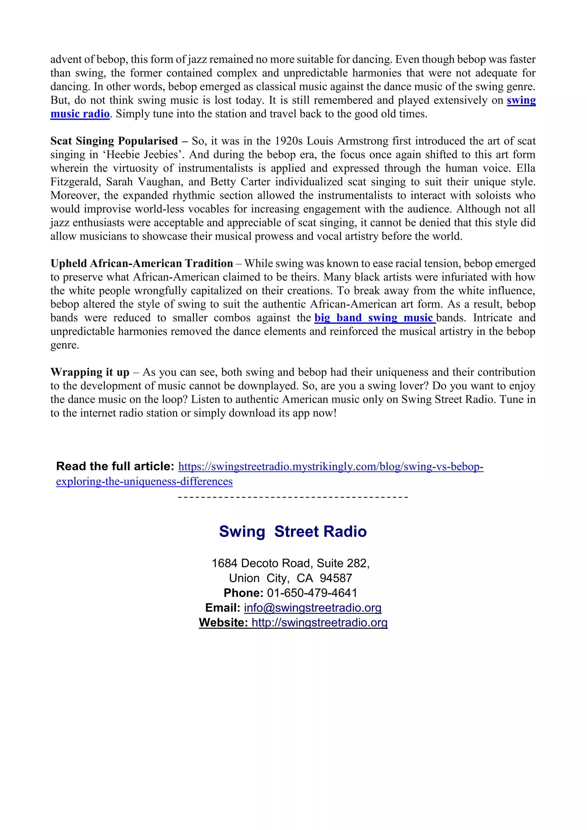 Swing bebop exploring the uniqueness and differences | PDF