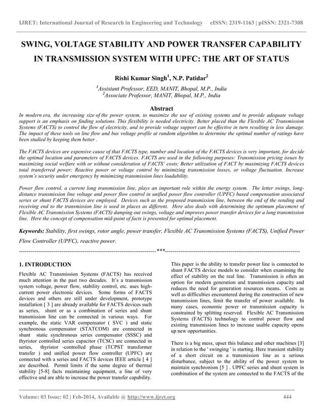 Swing, voltage stability and power transfer capability in transmission system with upfc | PDF ...