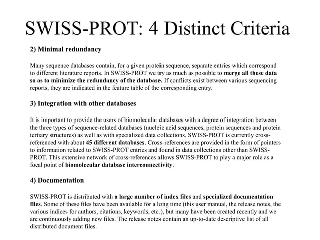 Characteristic features of swiss-prot-Protein database ot | PPT