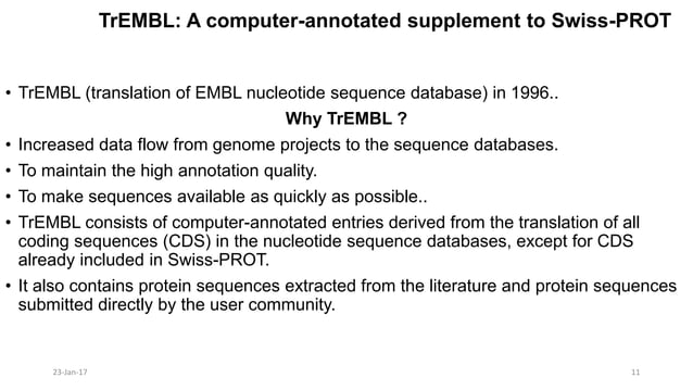 Swiss prot database | PPTX | Databases | Computer Software and Applications