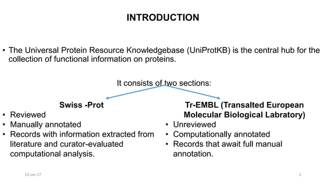 Swiss prot database | PPTX | Databases | Computer Software and Applications