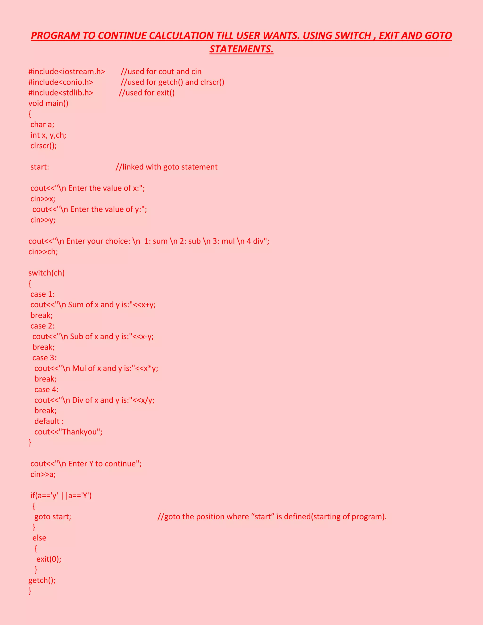 Program To Illustrate Switch Goto And Exit Statements Docx Programming Languages Computing