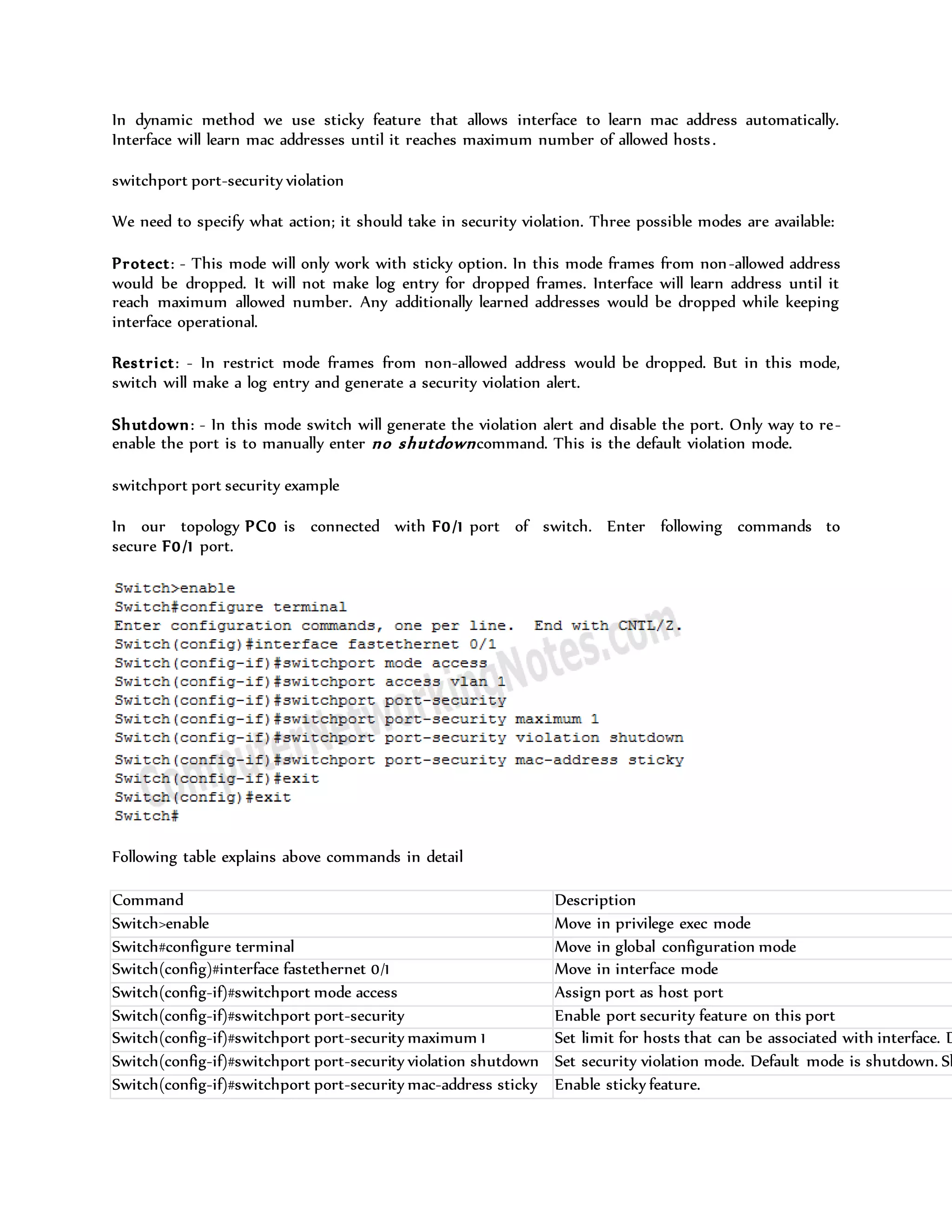 Switchport port security explained with examples | DOCX