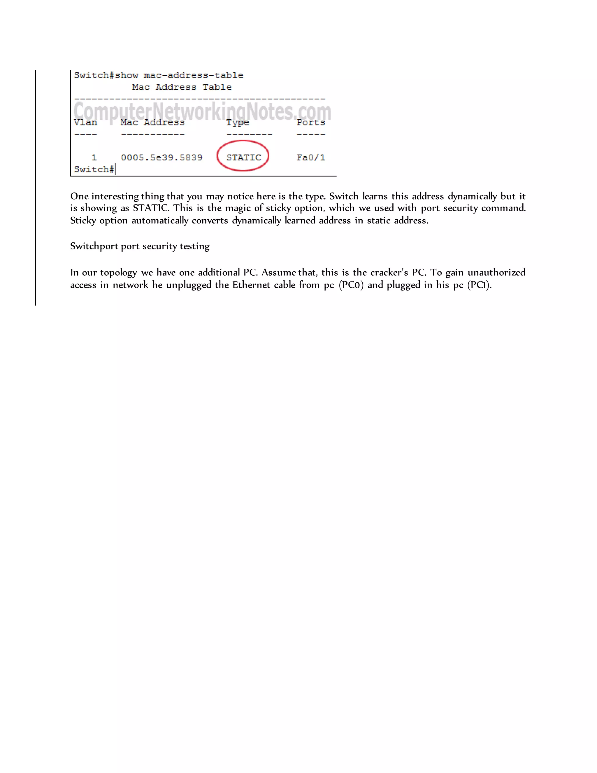 Switchport port security explained with examples | DOCX