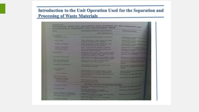 Unit operation for Separation and Processing of Solid Waste Materials ...