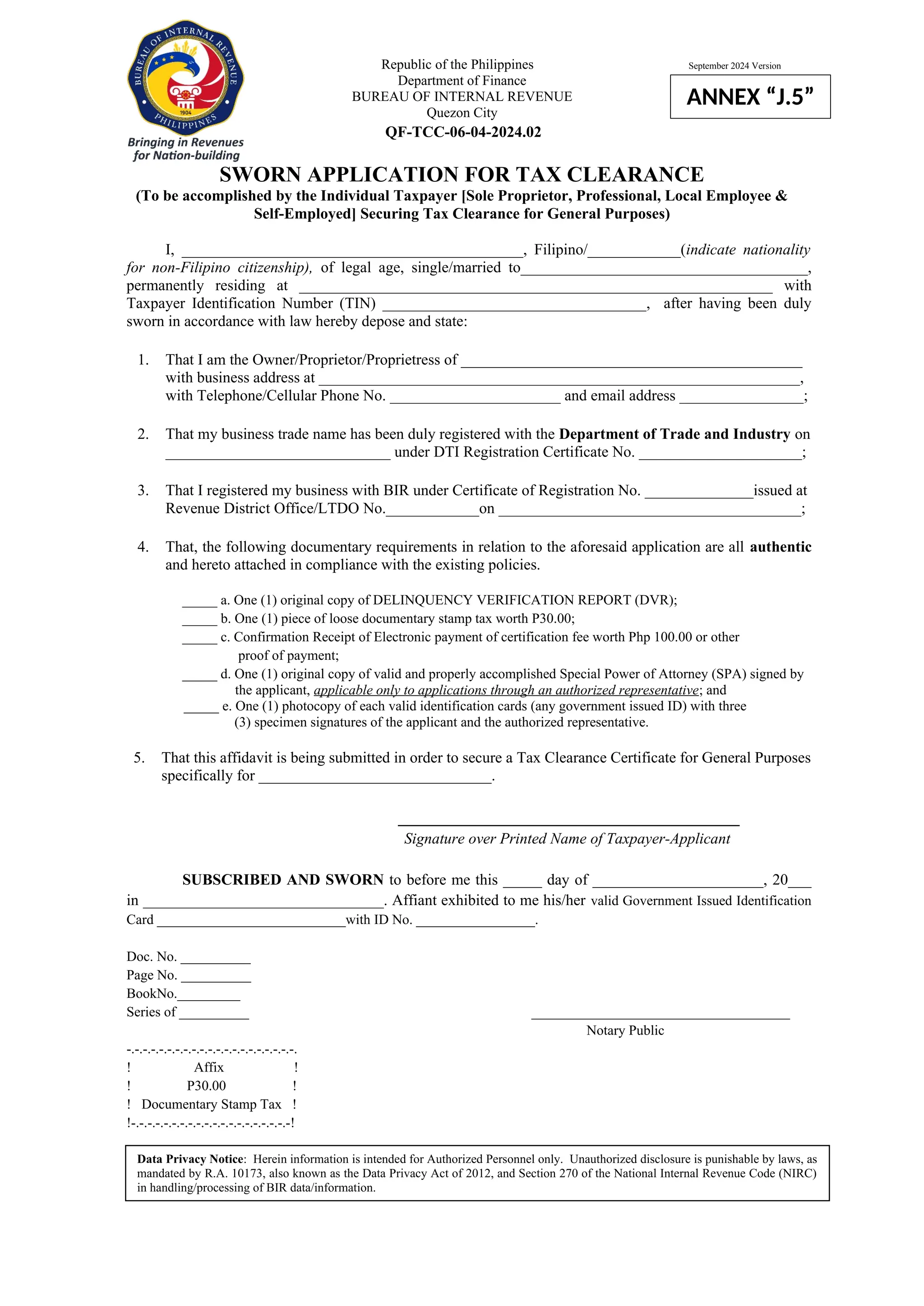 SWORN APPLICATION FOR TAX CLEARANCE FOR GENERAL PURPOSES (INDIVIDUAL ...