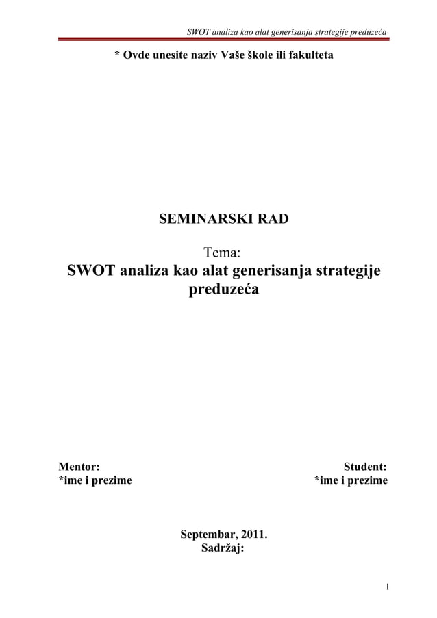 Swot analiza kao alat generisanja strategije preduzeca | DOC