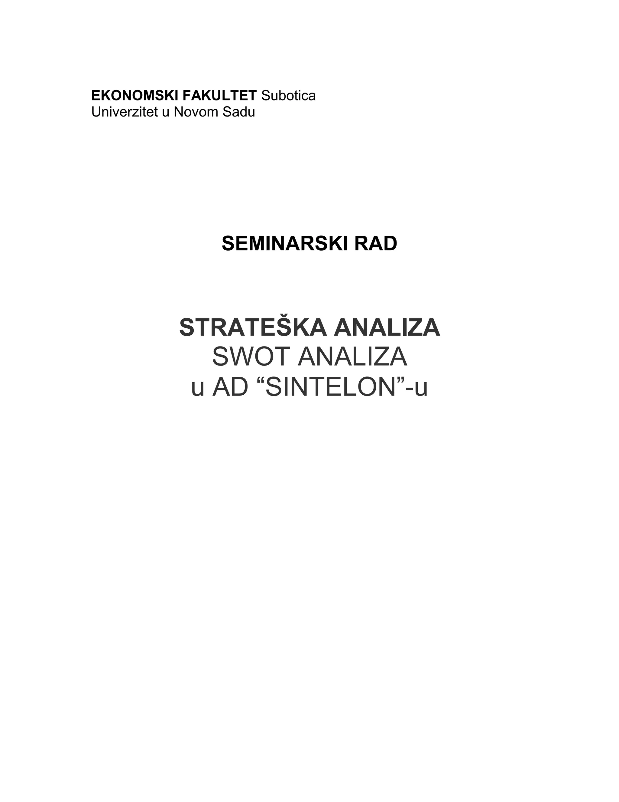 Swot analizau ad sintelon u - strategija poslovanja | PDF
