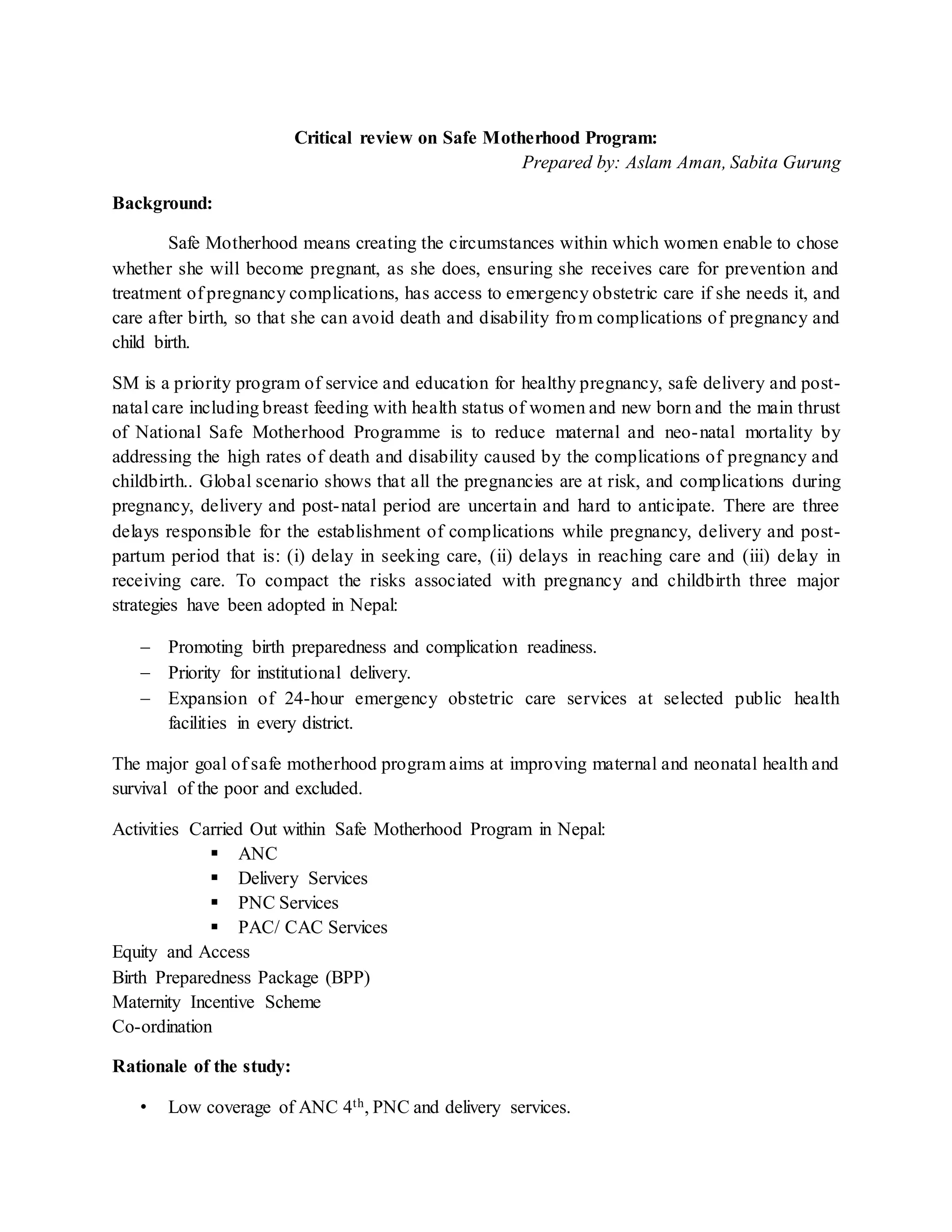 Swot analysis of Safe motherhood, HIV & AIDS, ARI and Logistic ...