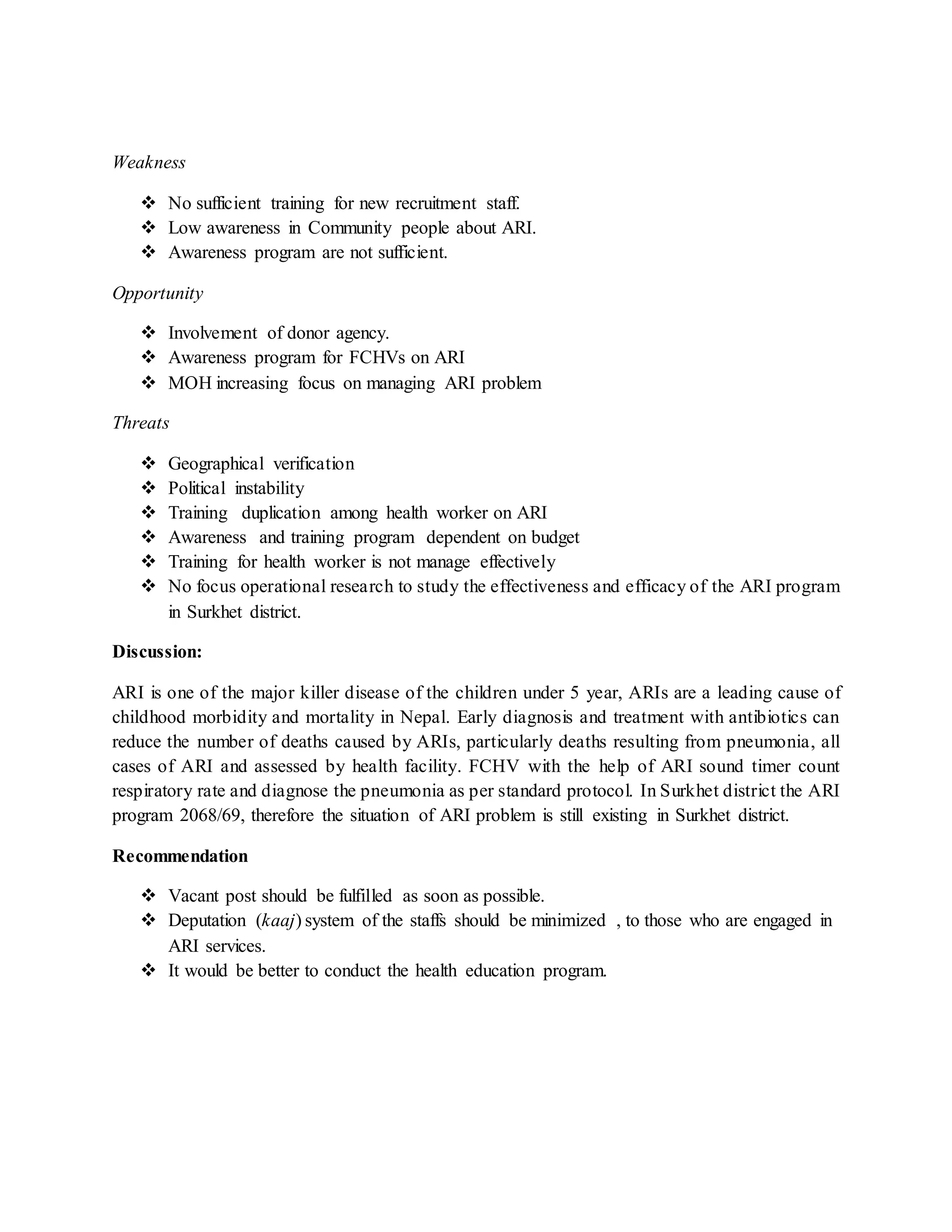Swot analysis of Safe motherhood, HIV & AIDS, ARI and Logistic ...