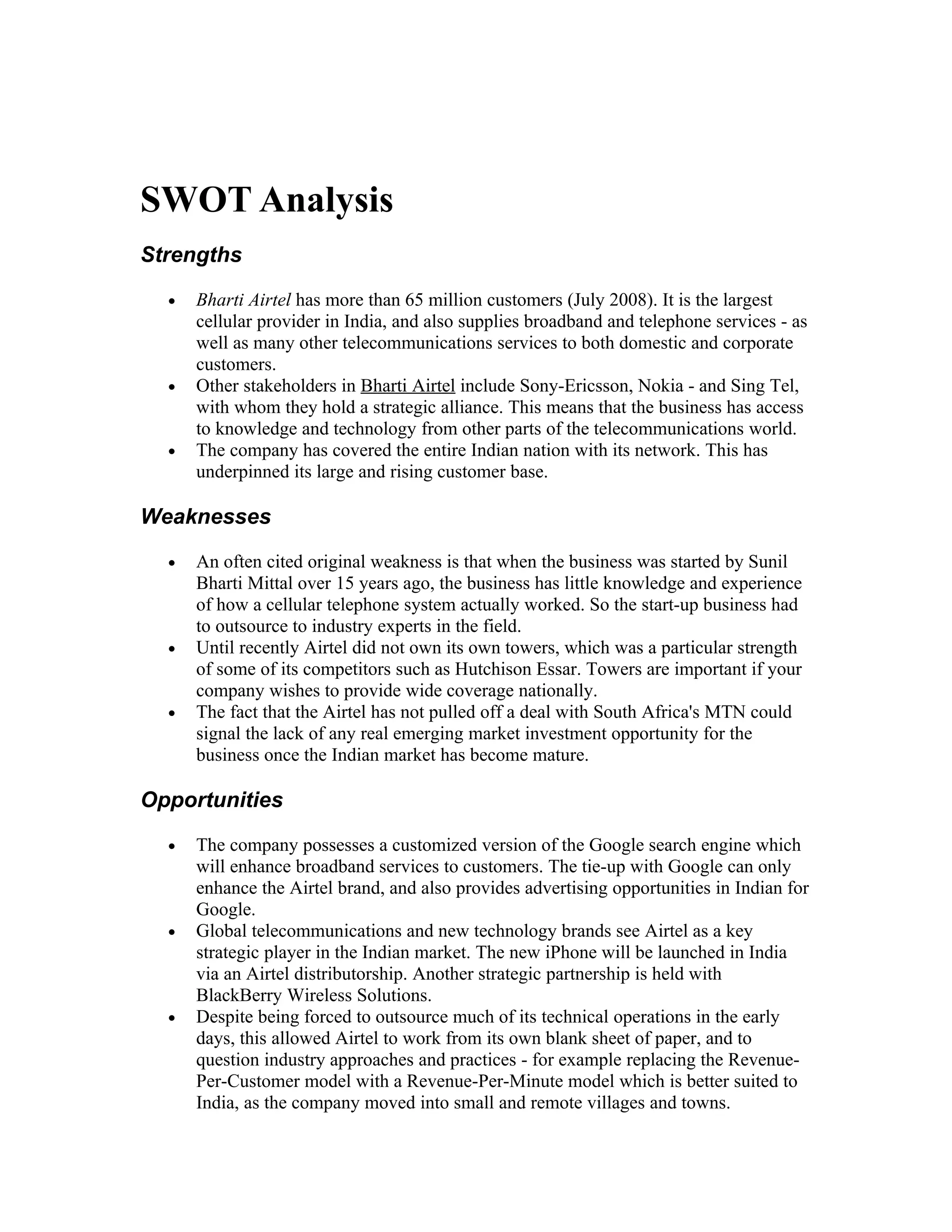 Swot analysis bharti airtel[1] | DOC