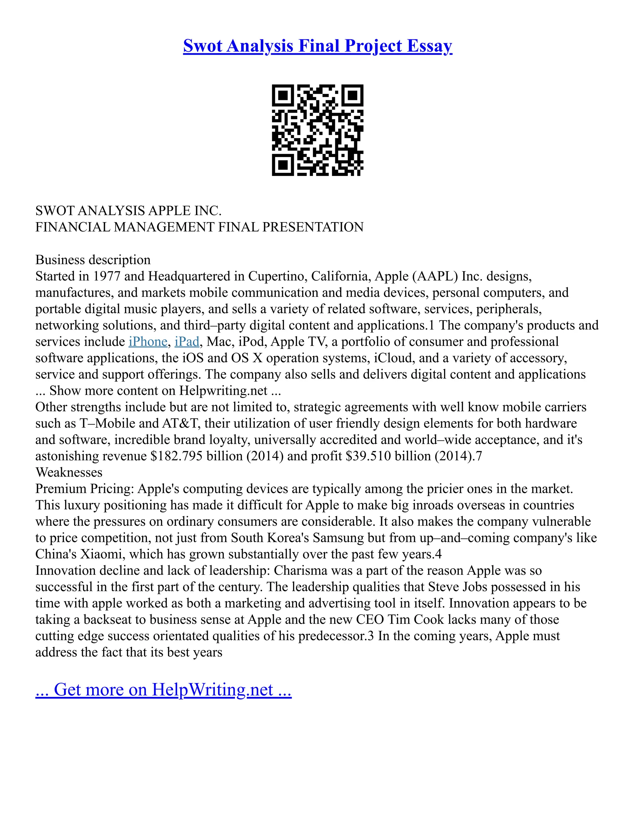 Swot Analysis Final Project Essay Pdf