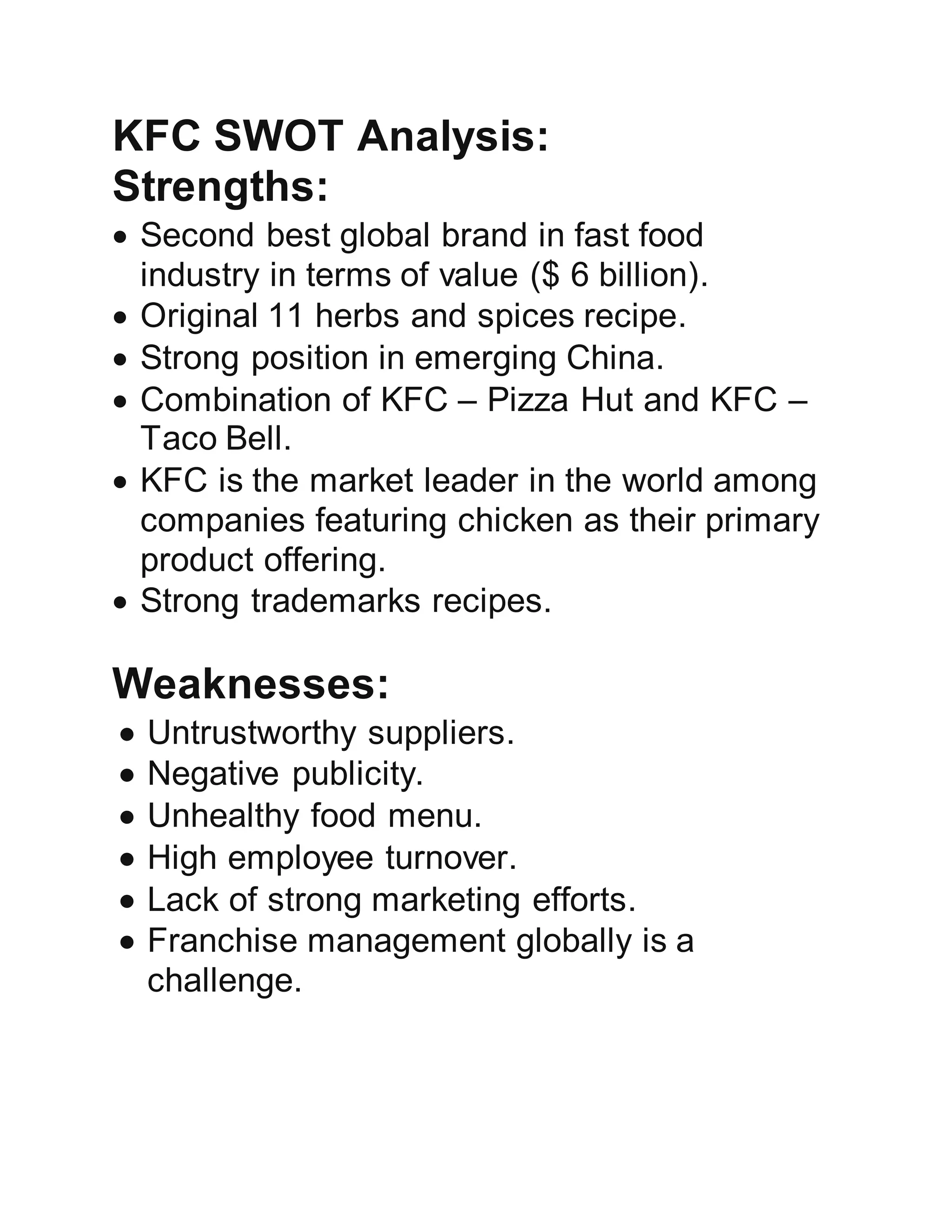 Swot analysis of kfc | DOCX