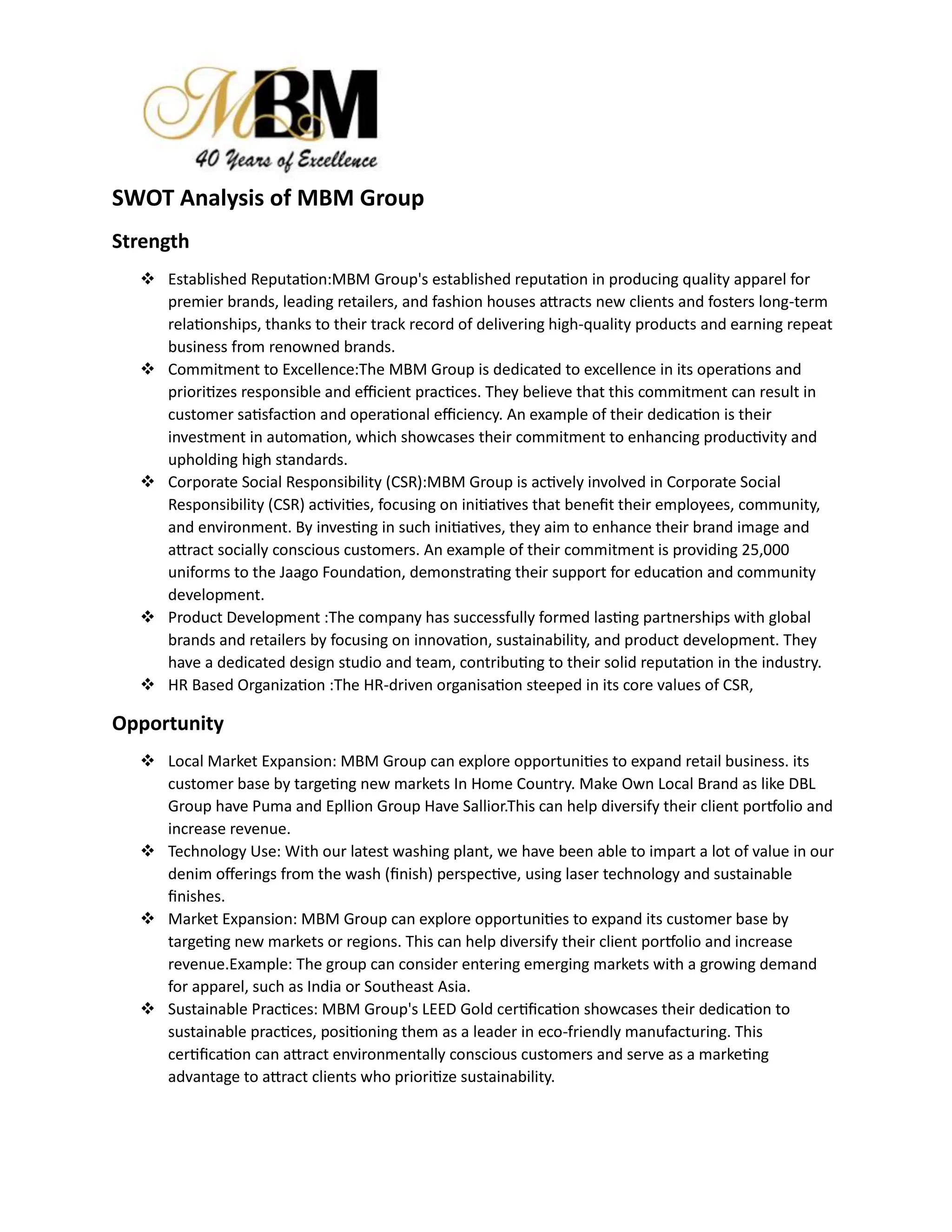 SWOT Analysis of MBM Group | DOCX