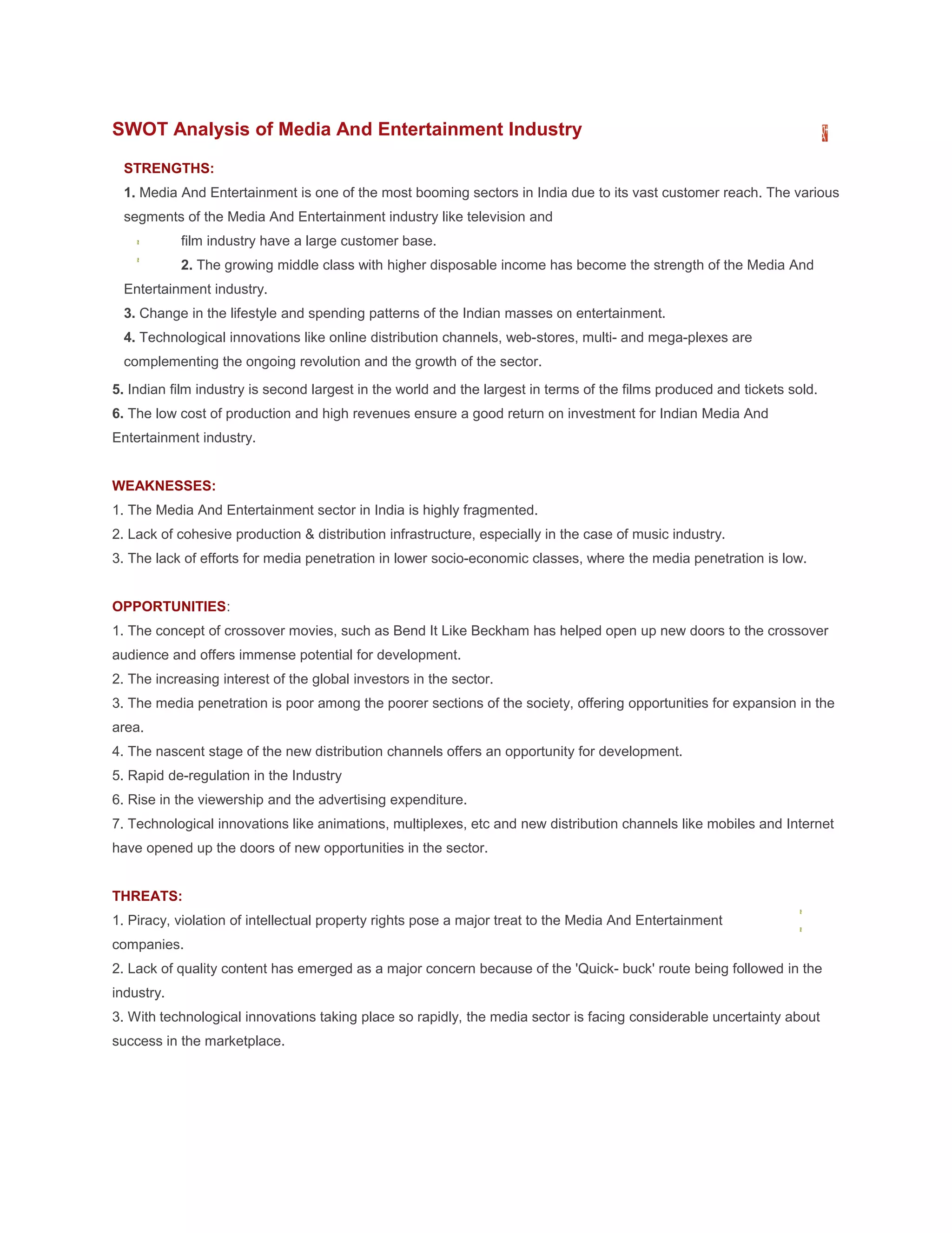 Swot analysis of media and entertainment industry | DOC