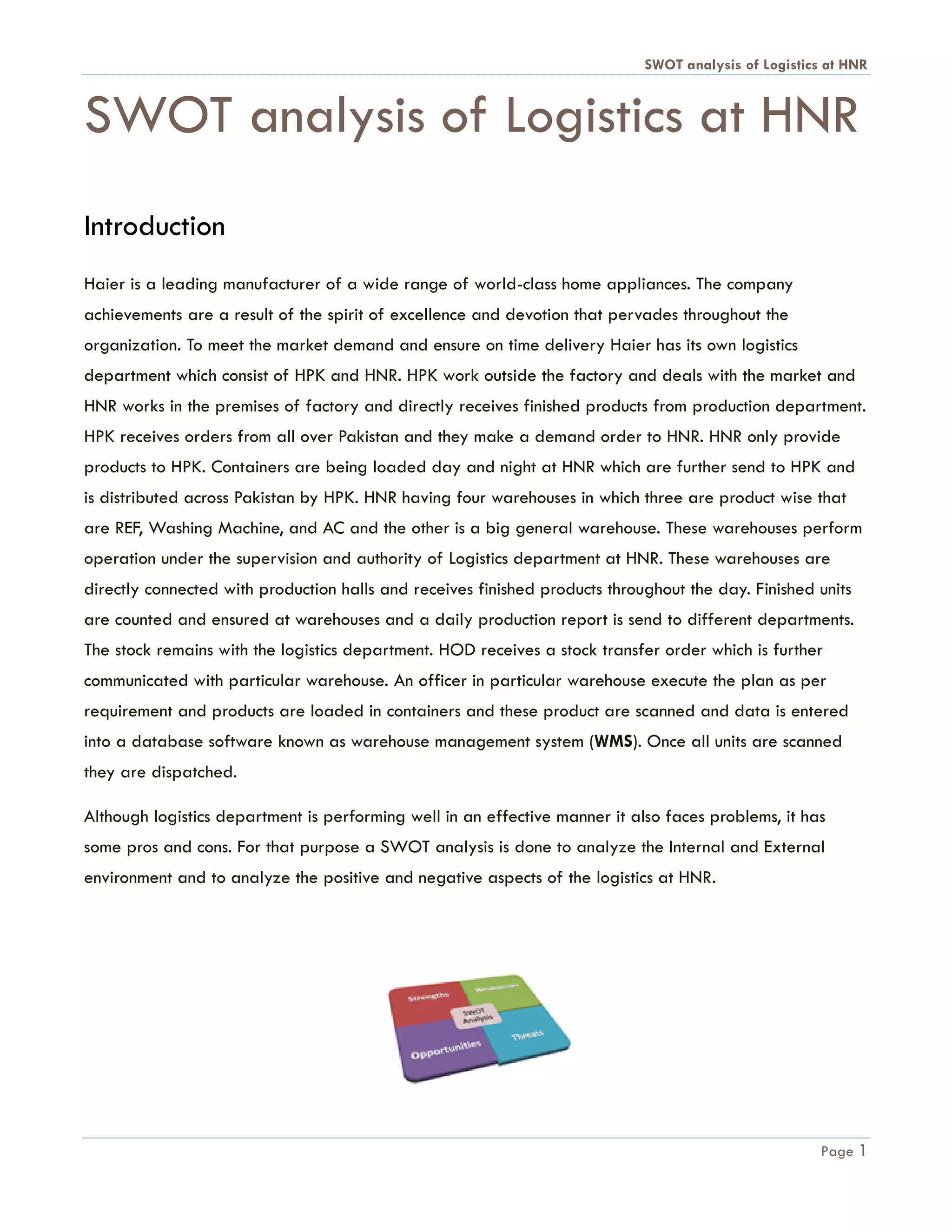 Swot analysis of the logistic at haier pakistan | PDF