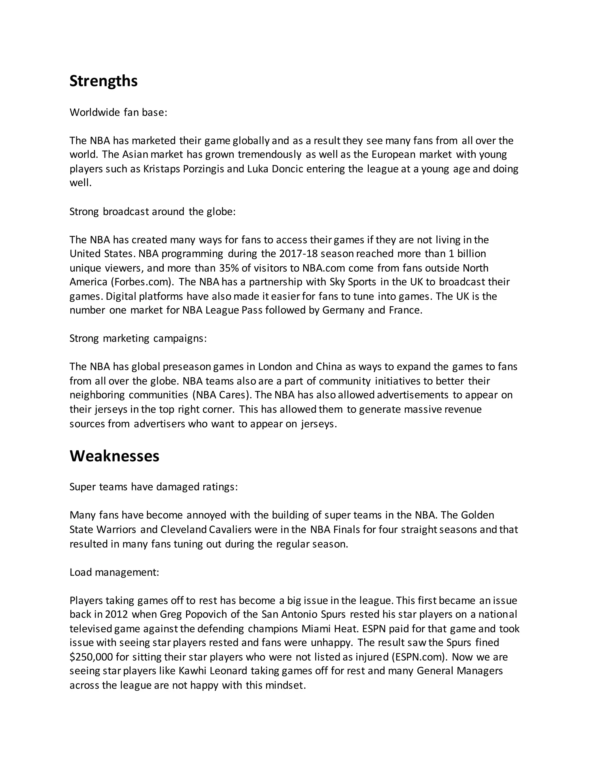 Swot Analysis of the NBA | DOCX