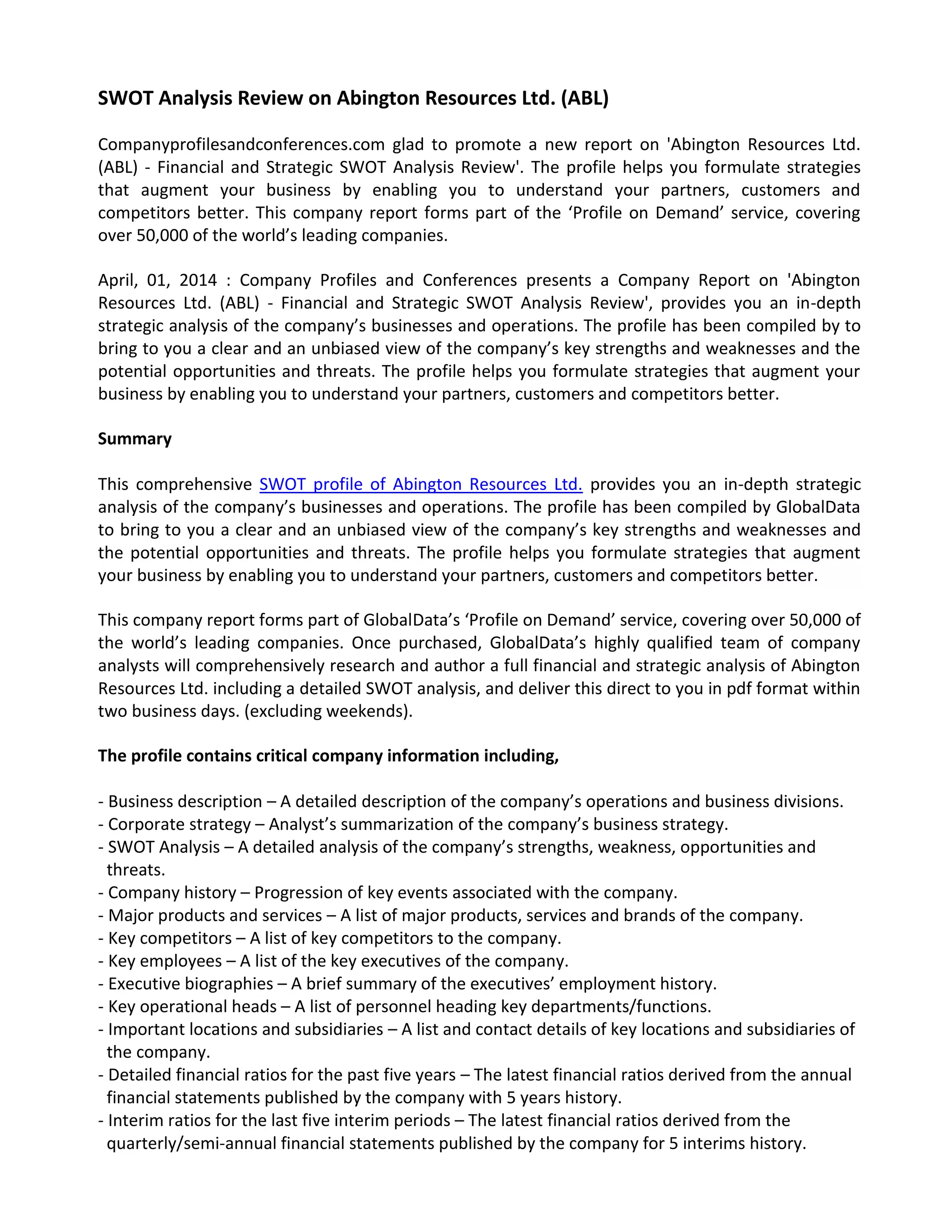 Swot analysis review on abington resources ltd. (abl) | DOCX