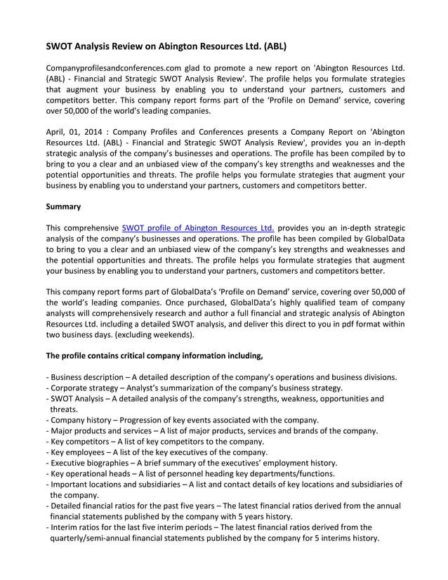 Swot analysis review on abington resources ltd. (abl) | PDF