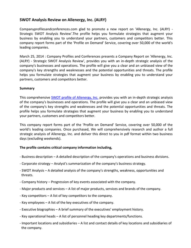 Swot analysis review on allenergy, inc. (alry) | PDF