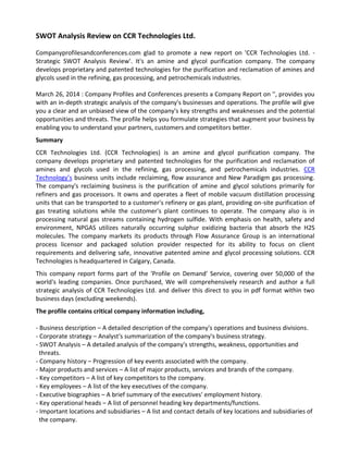 Swot analysis review on ccr technologies ltd. | DOCX