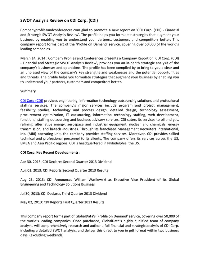 Swot analysis review on cdi corp. (cdi) | DOCX | Business Accounting ...