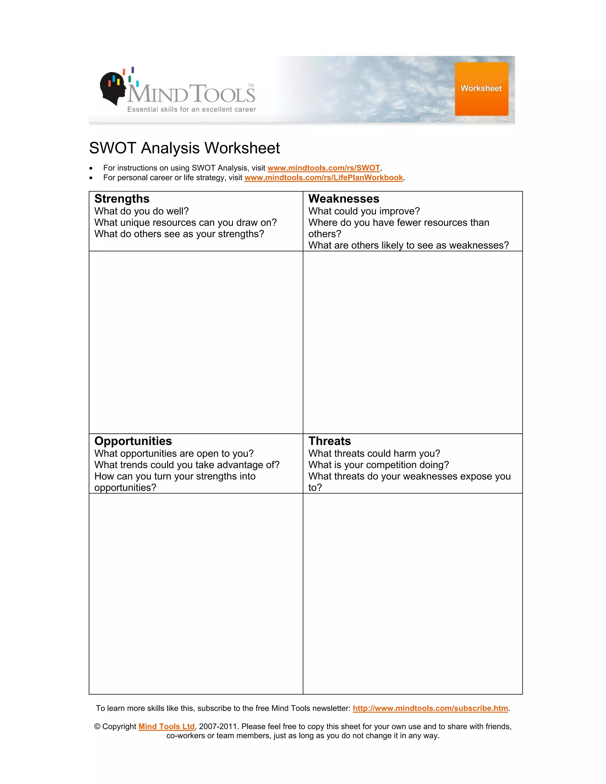 Swot Analysis Worksheet PDF Swot Analysis Worksheet PDF