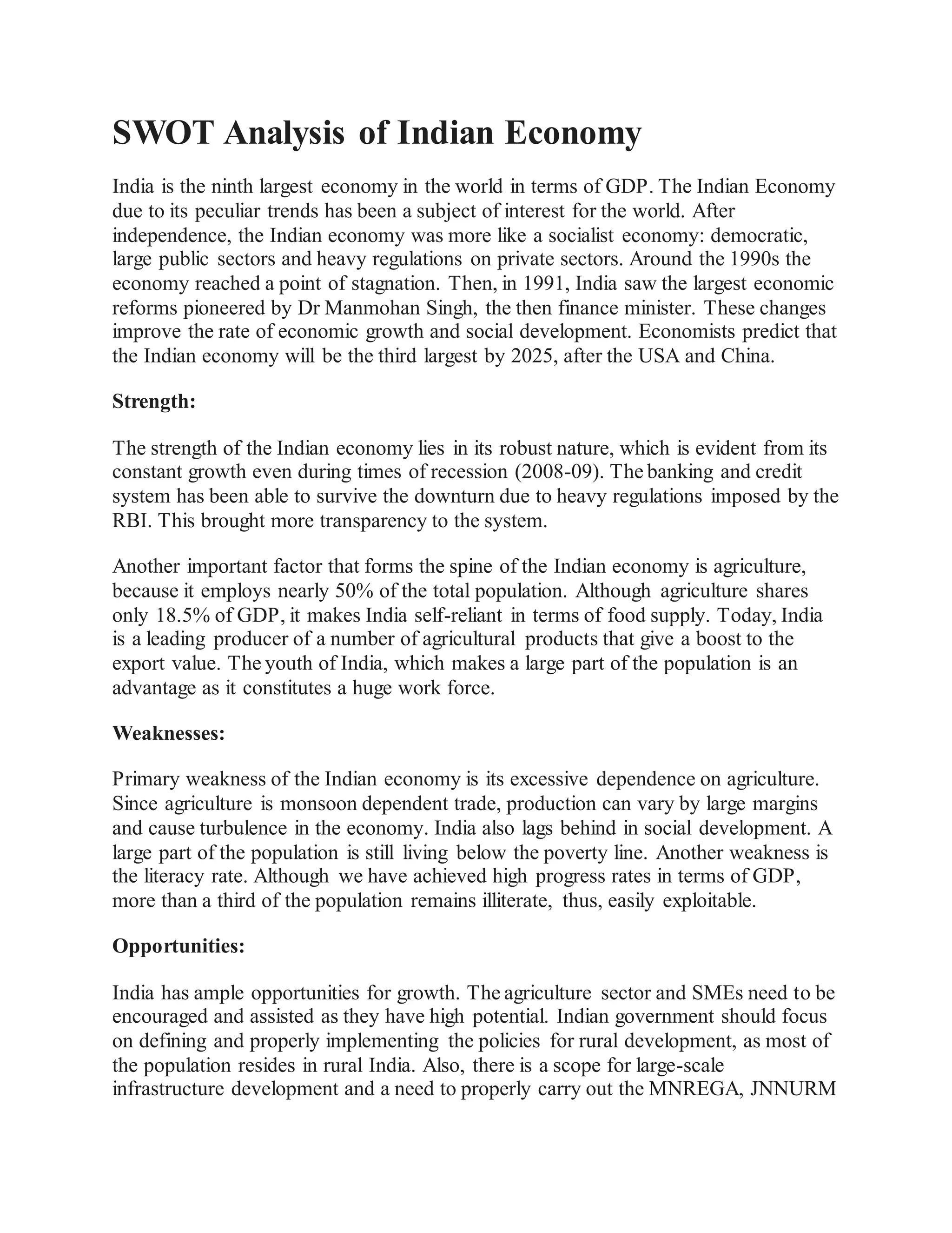 Swot Analysis of indian economy | PDF