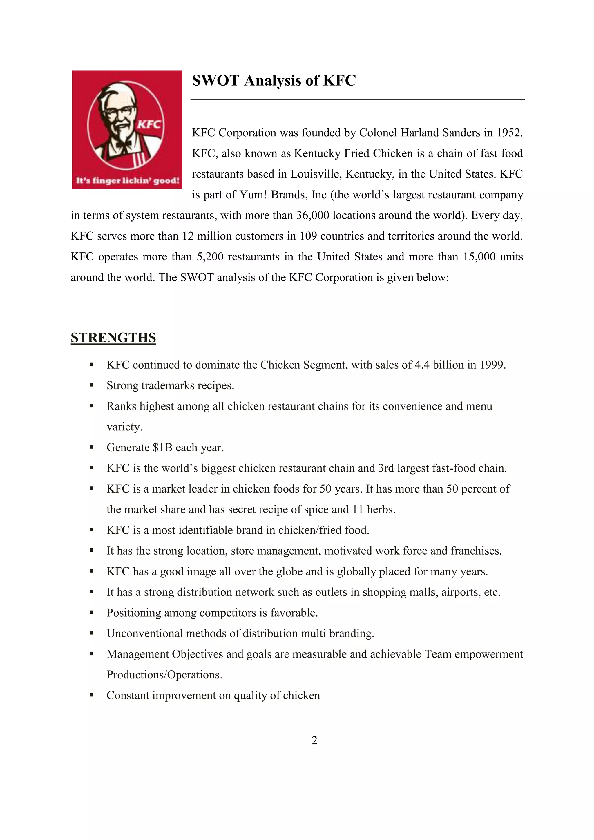 SWOT Analysis Yum! Brands,pizza hut and kfc | DOCX