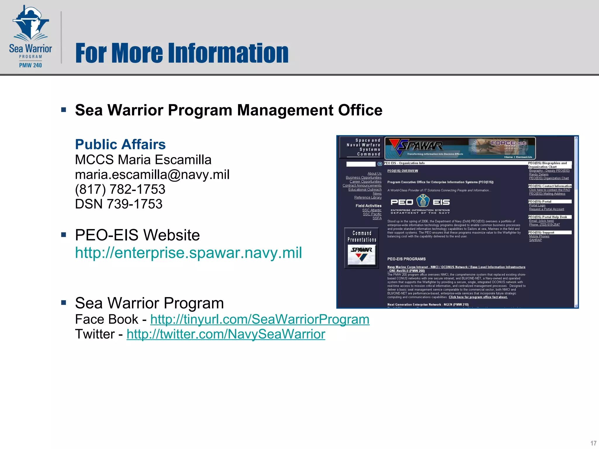 Sea Warrior Program (PEO-EIS PMW 240) command brief | PPT