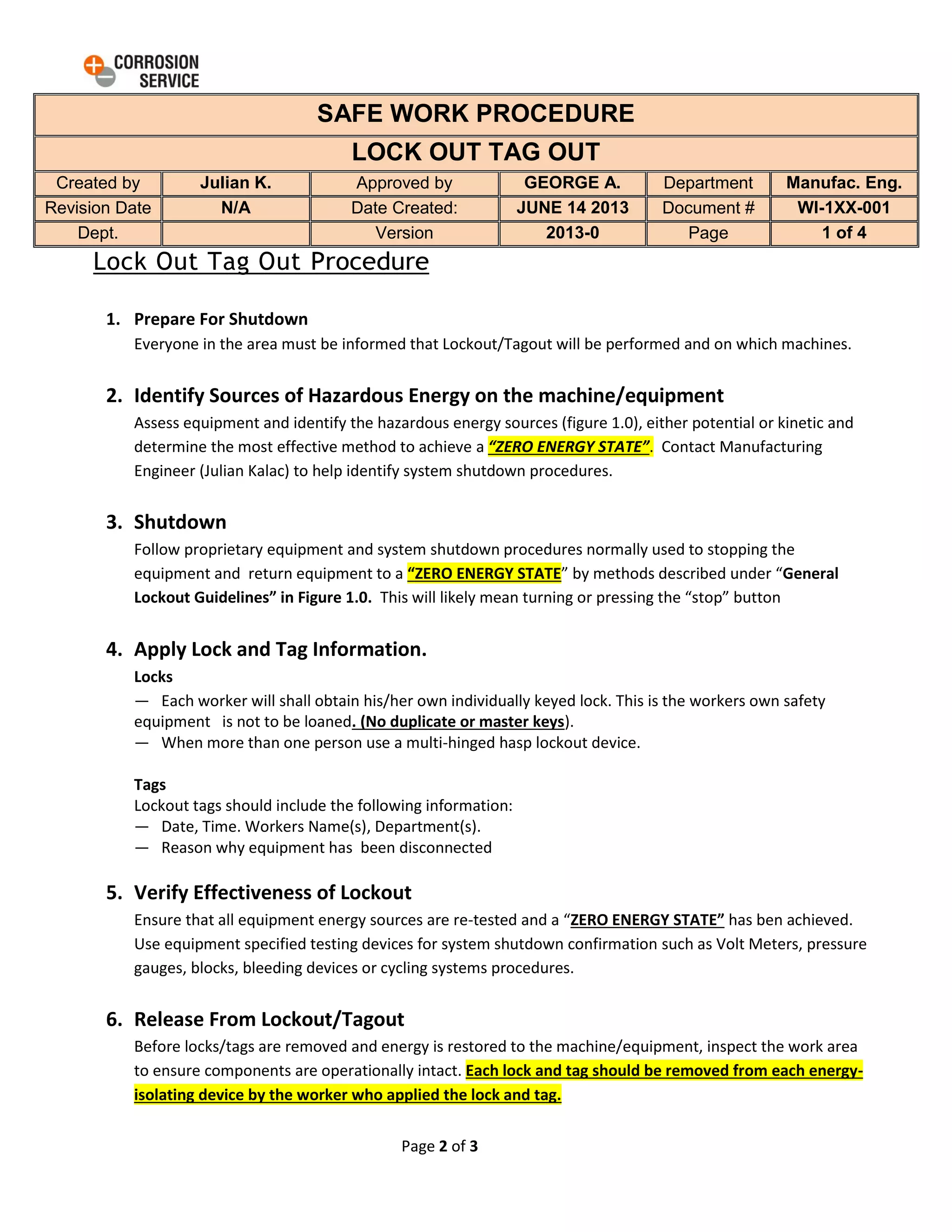 Lock Out Tag Out Safe Work Procedure | PDF