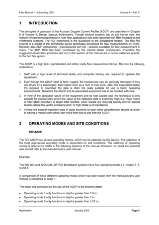 Hydrometry: Field Manual, Field Application of ADCP Volume-4 Part V ...