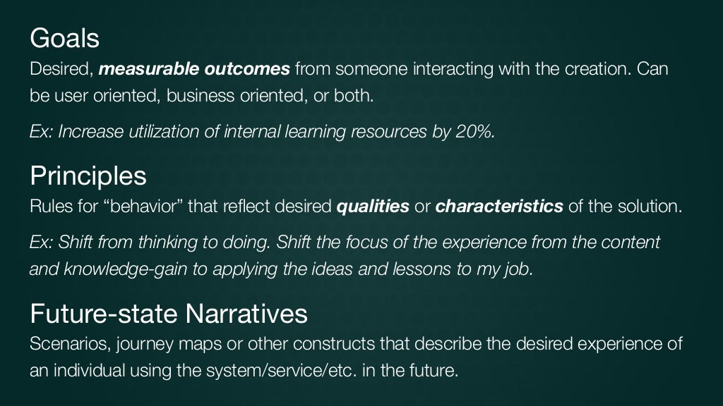 Goals Desired, measurable outcomes from