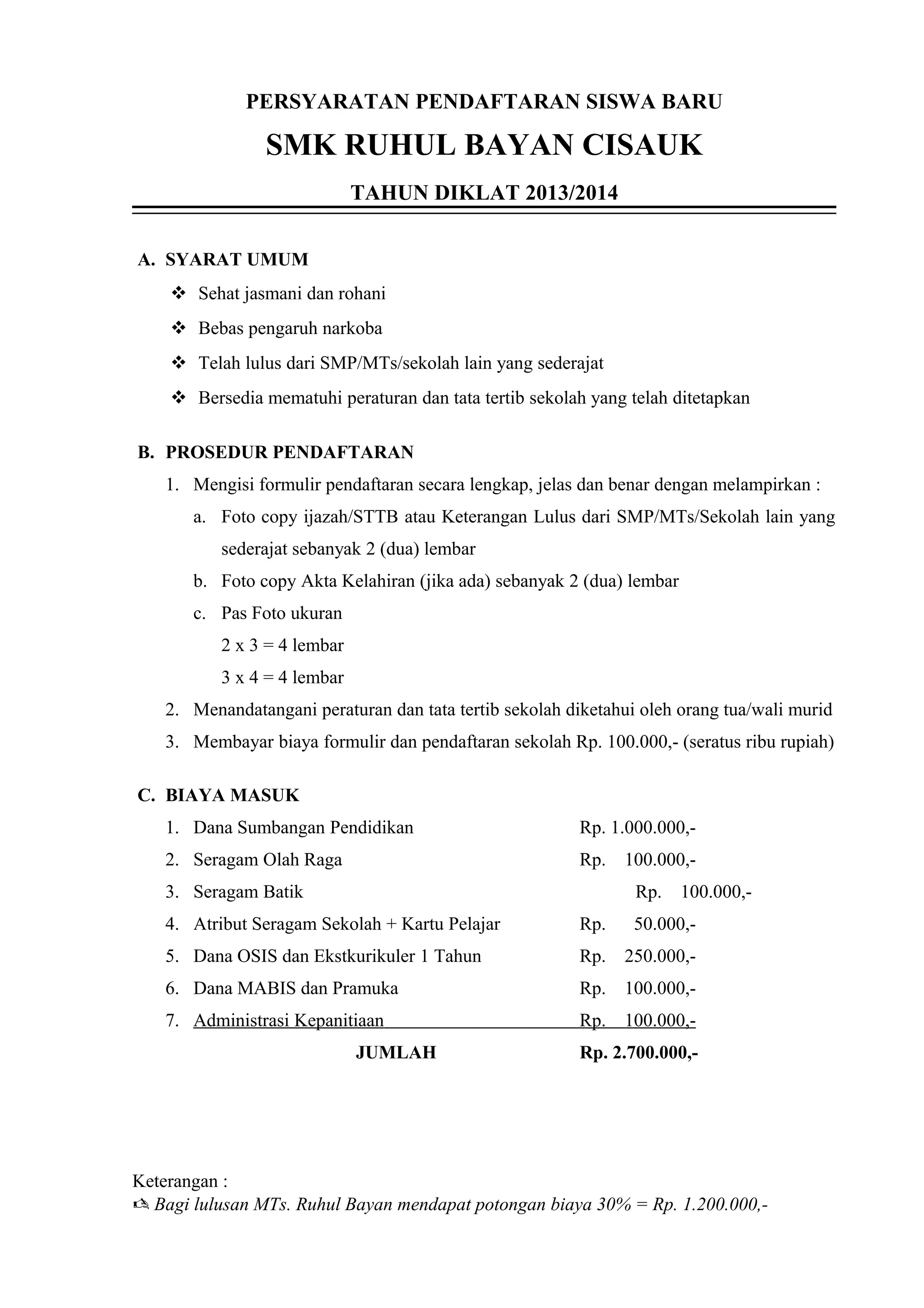 Syarat pendaftaran siswa baru smk ruhul bayan | DOC