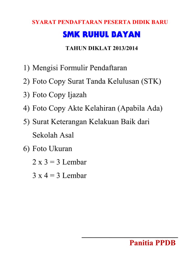 Syarat pendaftaran siswa baru smk ruhul bayan | PDF