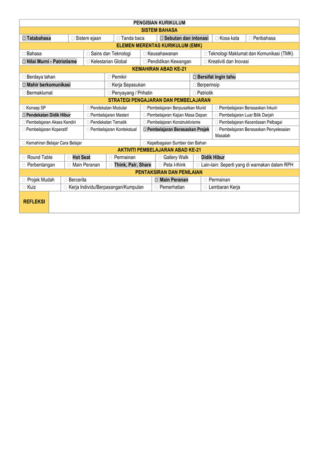 RPH Pembelajaran AKtif Bahasa Melayu (Project Based Learning) Tahun 4 | PDF