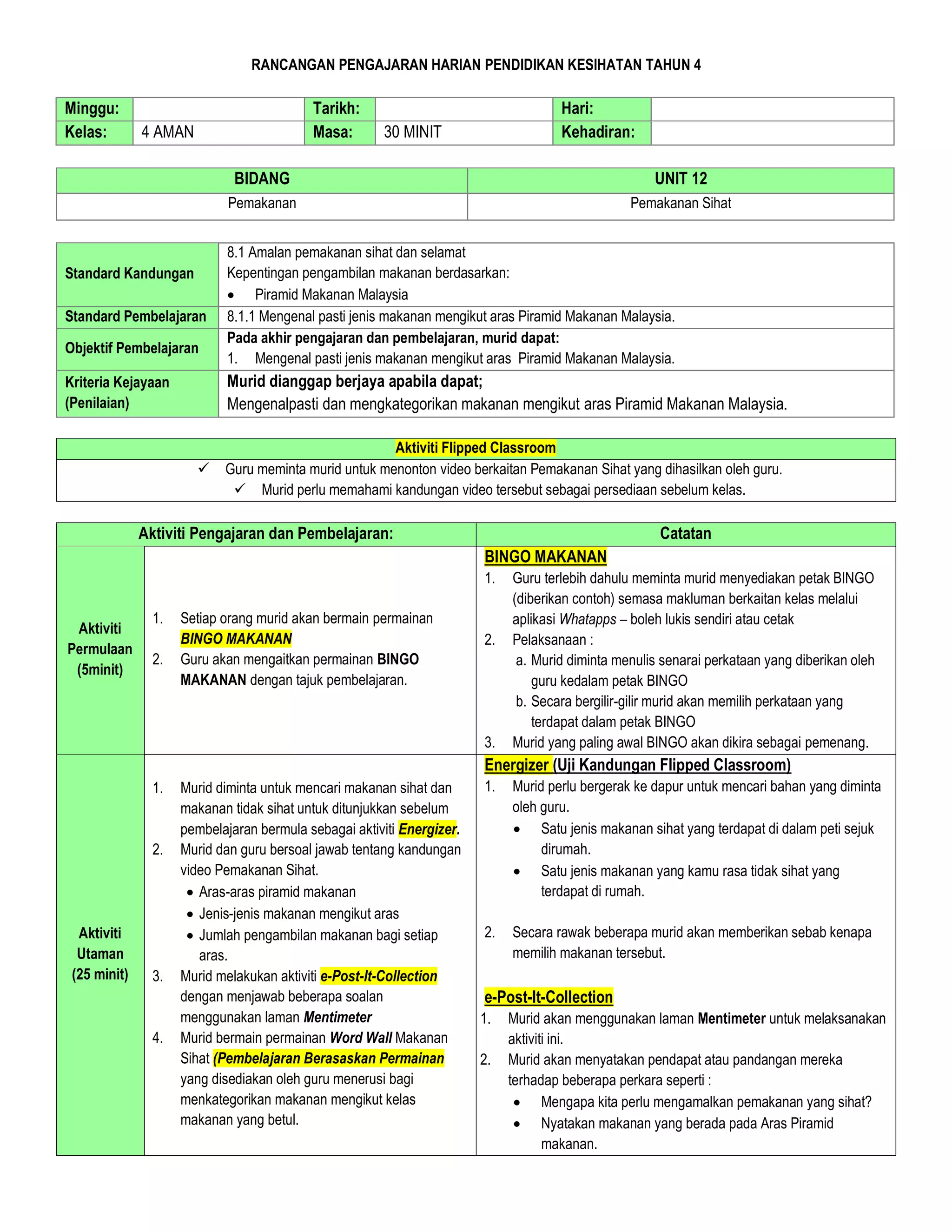 RPH Pembelajaran Aktif Pendidikan Kesihatan Tahun 4 | PDF