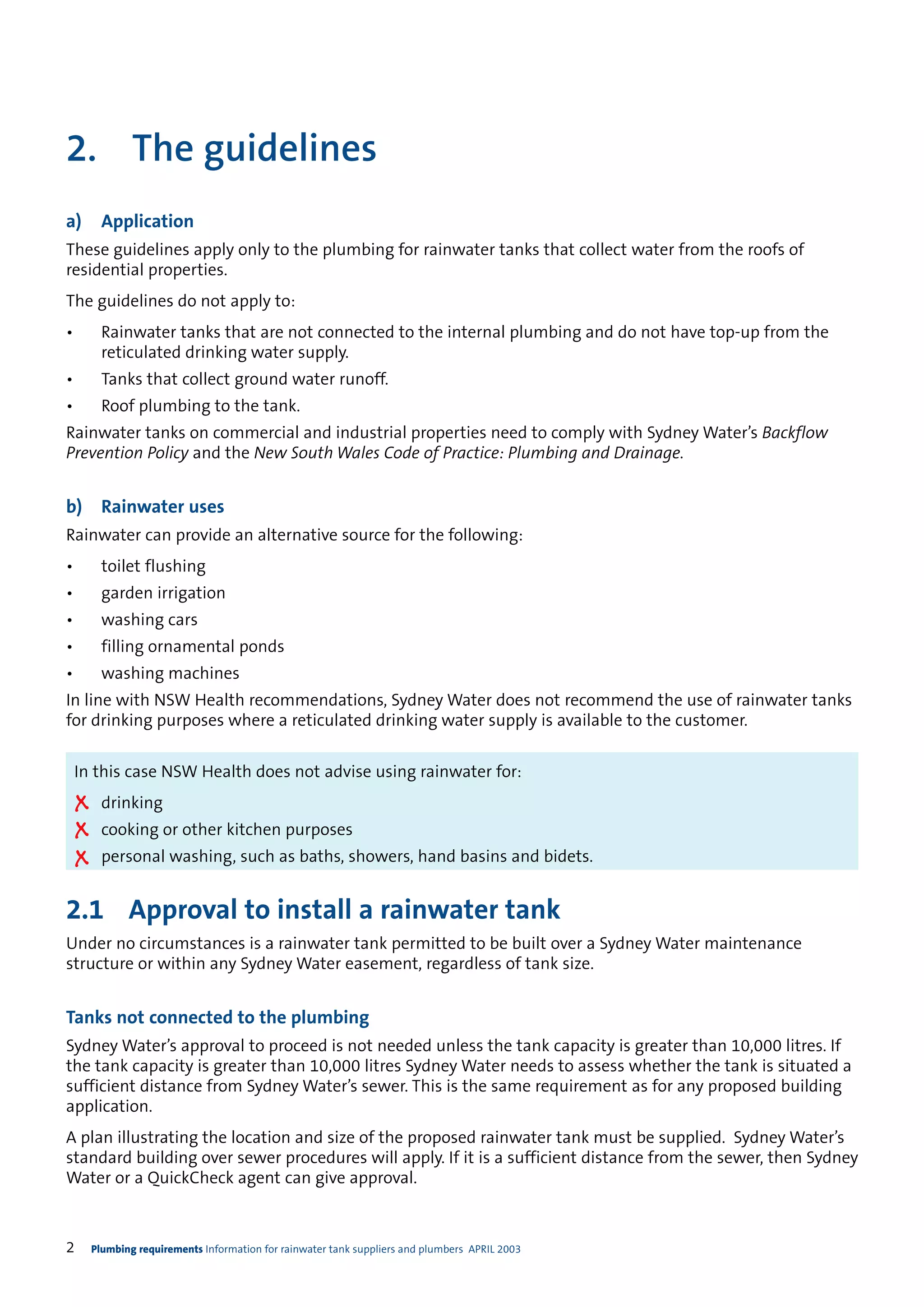 Sydney Water Guidelines for Rainwater Tanks | PDF