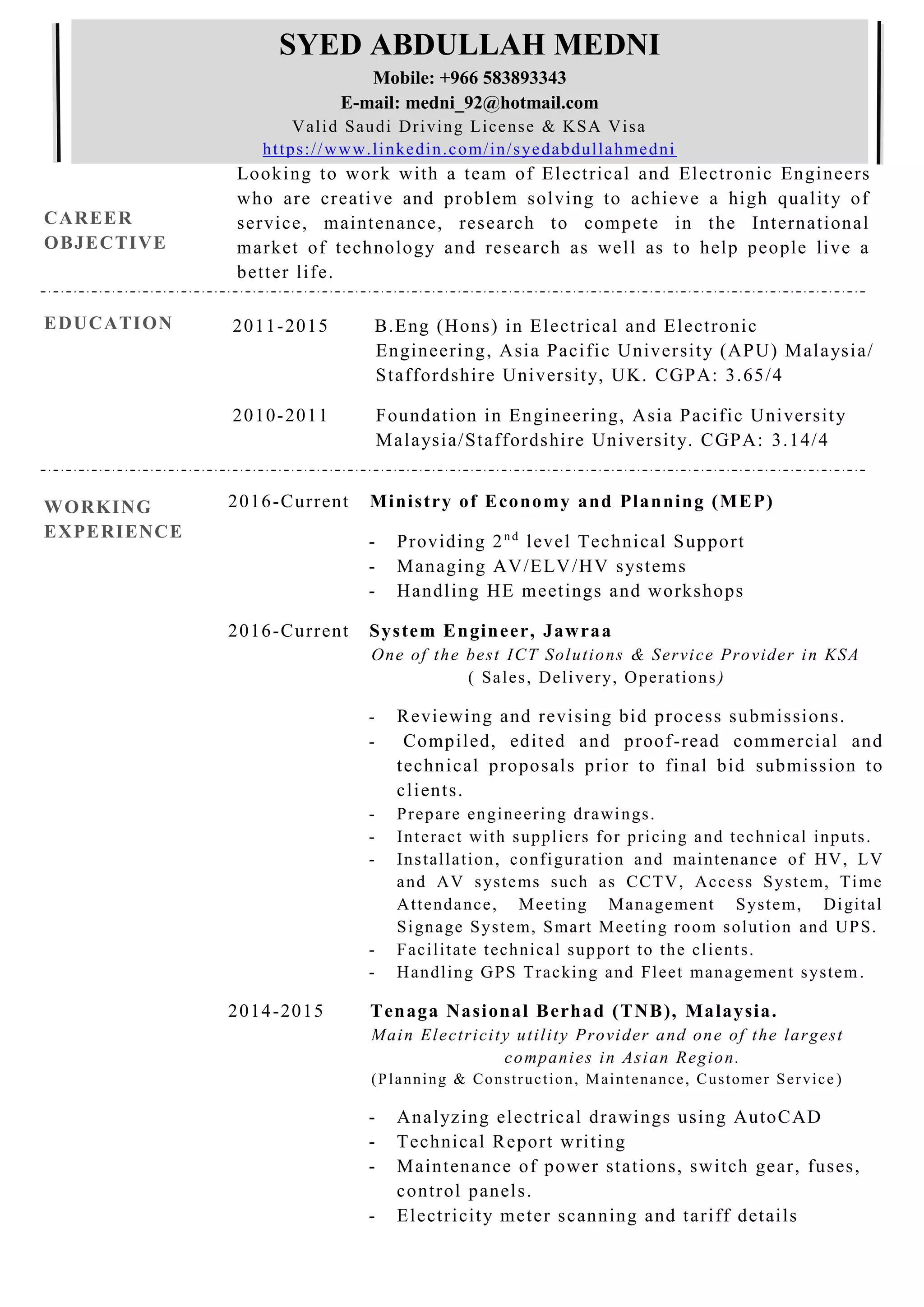 CV Electrical and Electronics Engineer ( Syed Abdullah ) | PDF