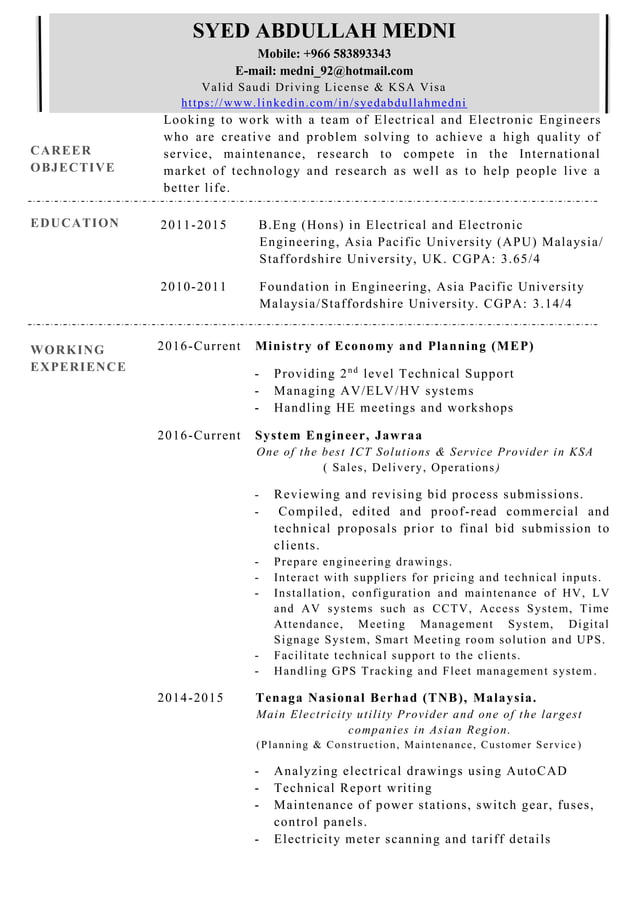 CV Electrical and Electronics Engineer ( Syed Abdullah ) | PDF