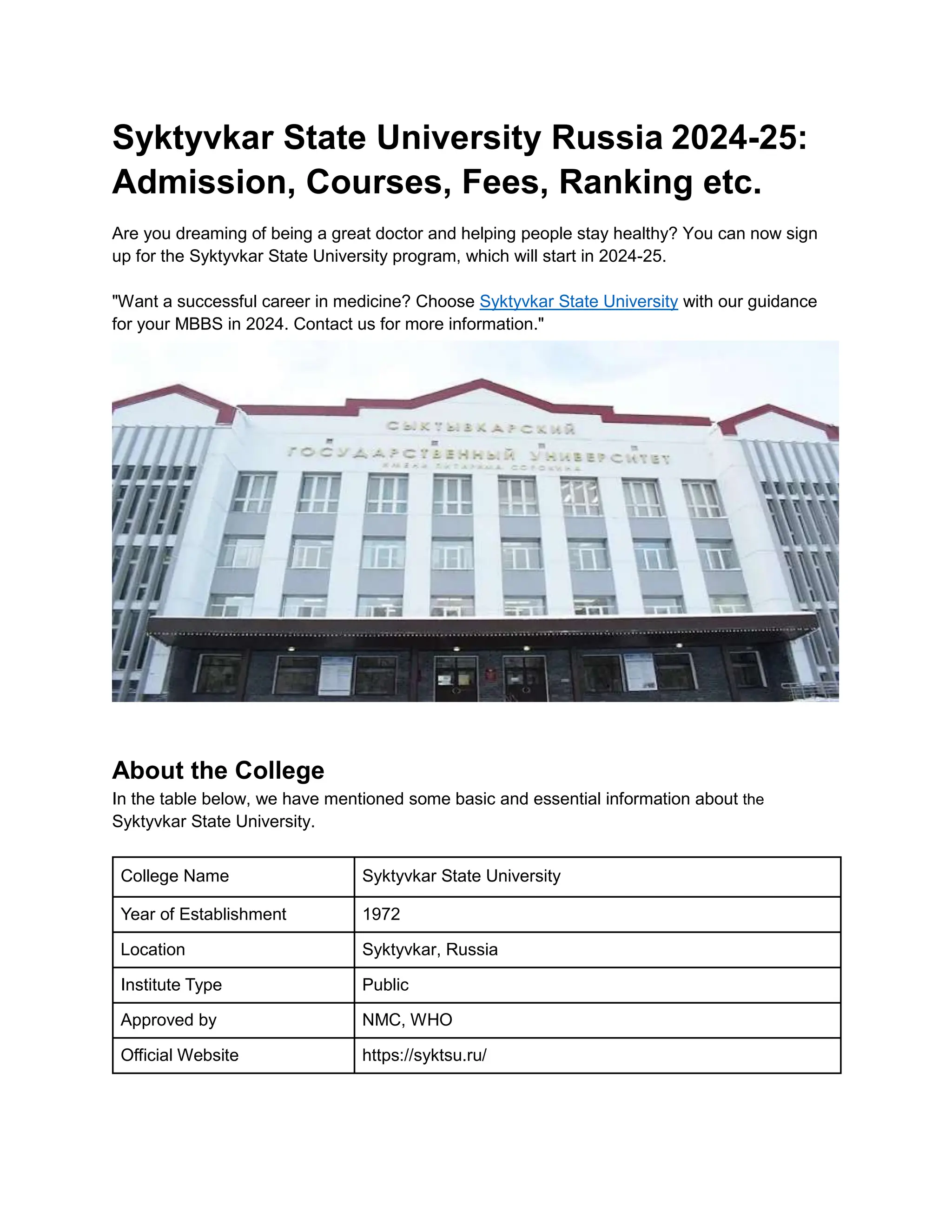 Syktyvkar State University Russia 2024-25: Admission, Courses, Fees ...