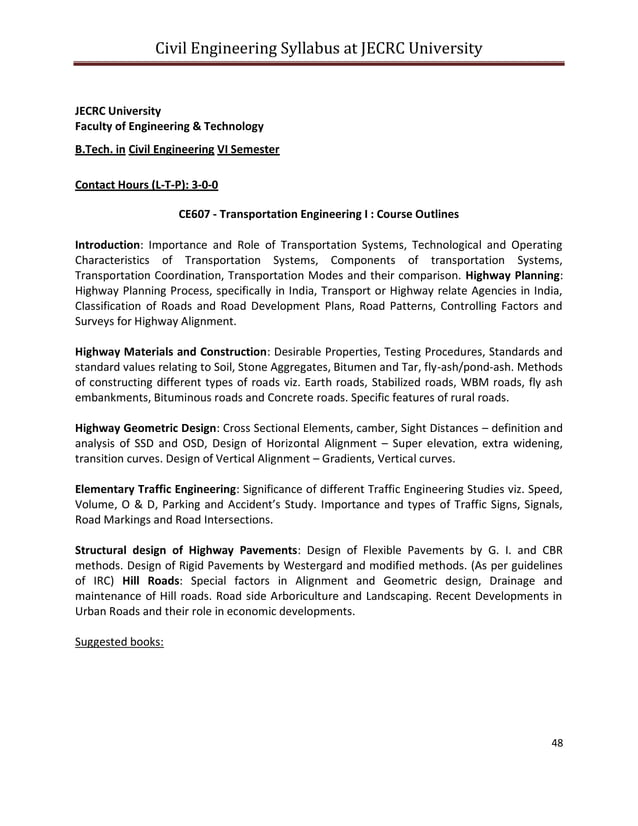 JECRC Syllabus for B.Tech Civil Engineering Branch | PDF