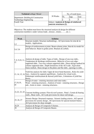 Analysis & Design of reinforced concrete structures (2) Syllabus | PDF
