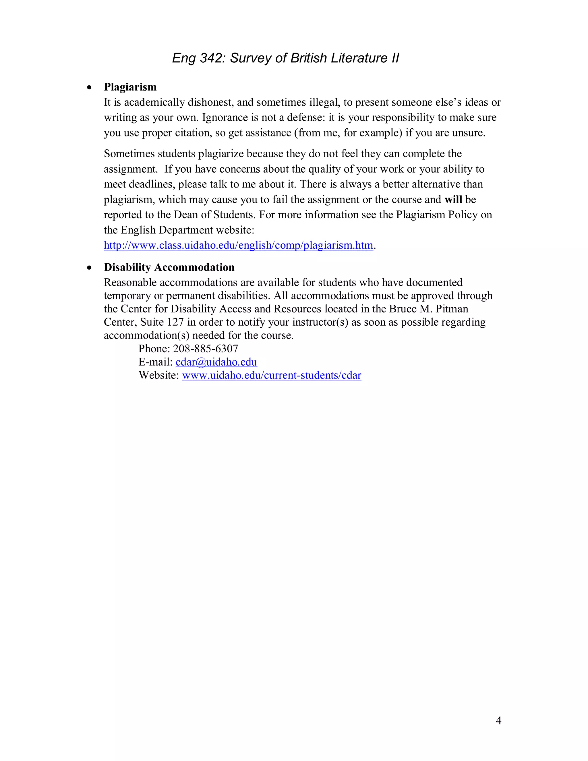 Eng 342 Syllabus | PDF | Homework and Study | Education