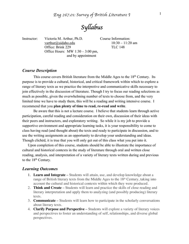 Eng 267 Syllabus | PDF | Homework and Study | Education