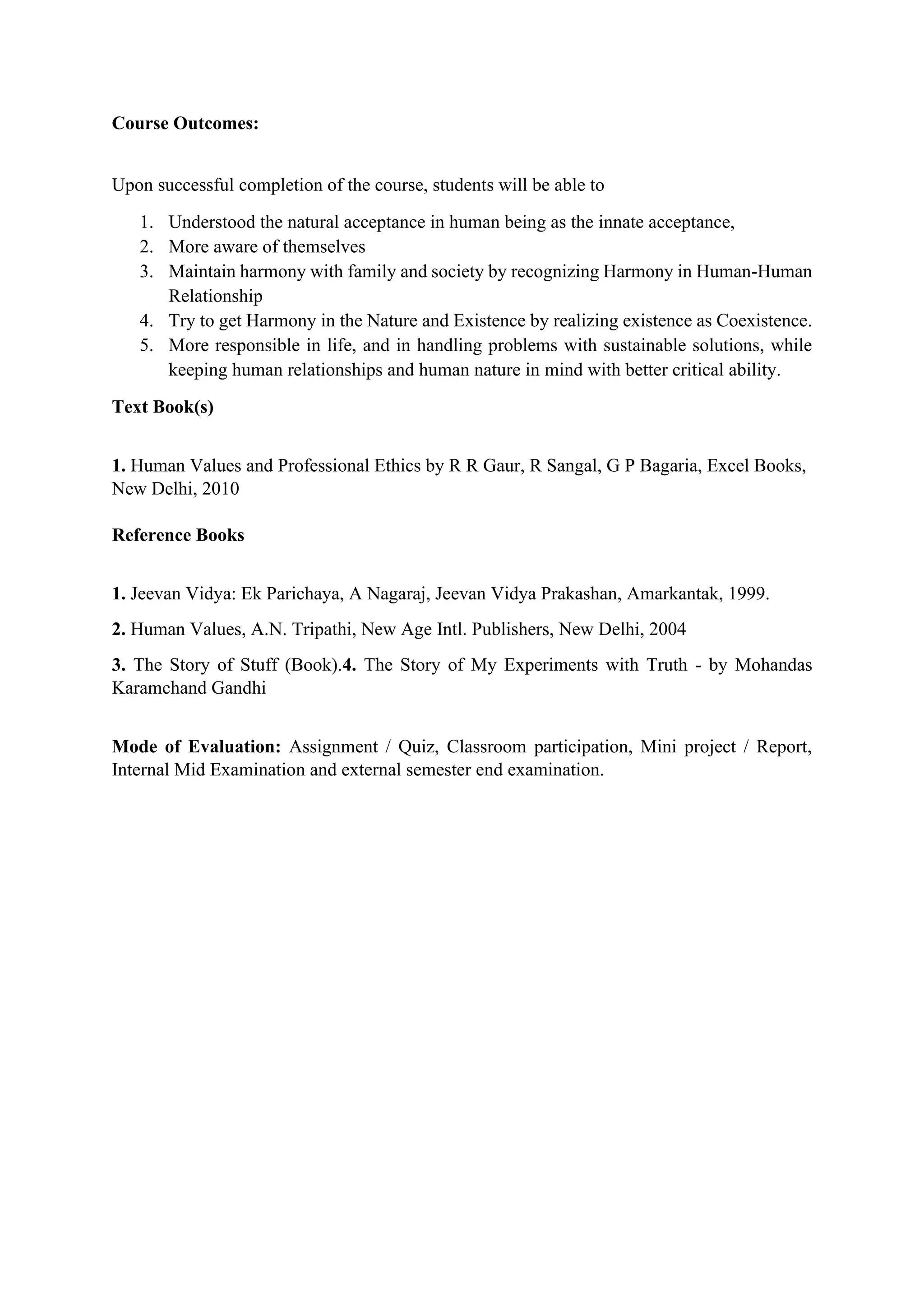R20 Universal Human values syllabus document | PDF
