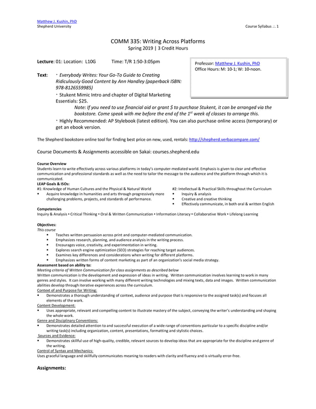 Writing Across Platforms Class Syllabus - Spring 2019 | PDF