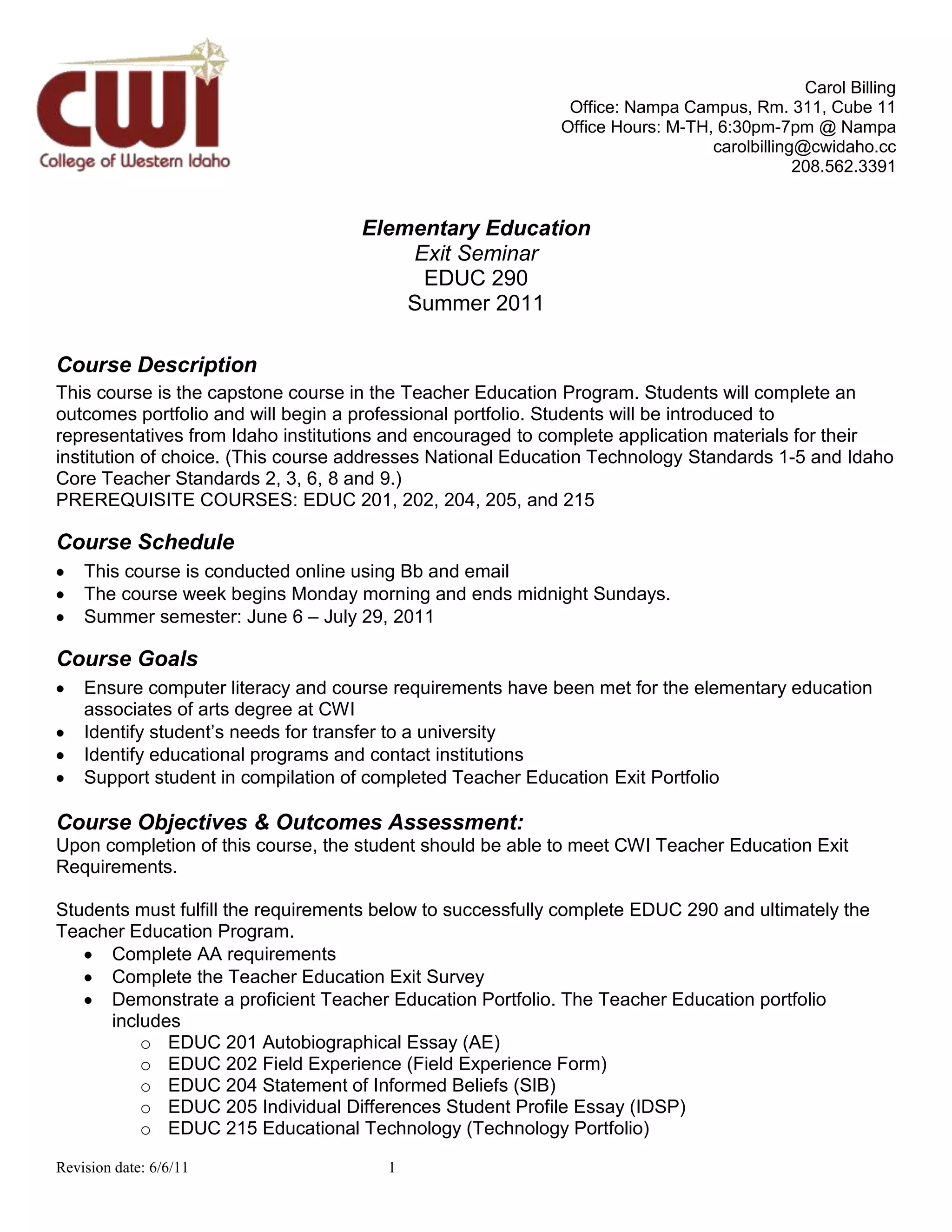Syllabus - EDUC 290 Summer 2011 | DOCX