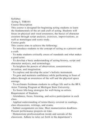 SyllabusActing I, THR101Course DescriptionThis course is des.docx ...